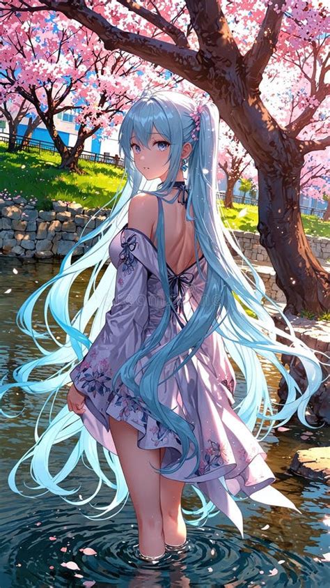 Beautiful Anime Girl With Long Blue Hair Standing By A River Under Cherry Blossoms Stock