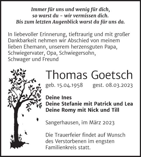 Traueranzeigen Von Thomas Goetsch Abschied Nehmen De