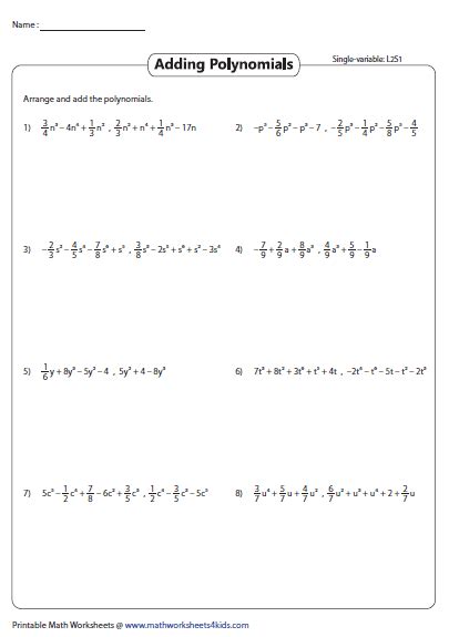 Algebra 1 Worksheets Monomials And Polynomials Worksheets