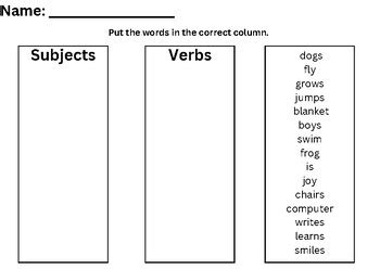 Nouns Verbs And Subject Verb Sort Activity By Lydia Musliu TPT