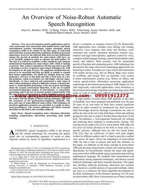 An Overview Of Noise Robust Automatic Speech Recognition Pdf