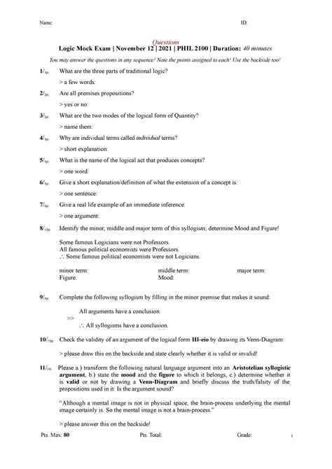 Logic Mock Exam OF PHILOSOPHICAL THINKING Name ID Questions Logic Mock Exam November