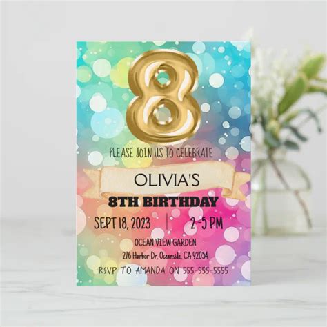 Rainbow 8 Year Old 8th Birthday Party Girls Eight Invitation Zazzle