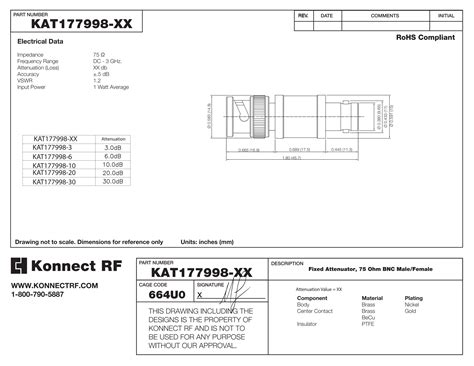 Fixed Attenuator 75 Ohm Bnc Male Female 50 Ohm Dc 3 Ghz 1 Watt 20 Db Konnectrf