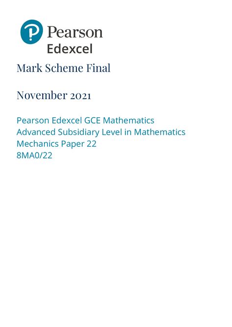 Pearson Edexcel Further Mathematics MA Mark Scheme Mechanics Browsegrades