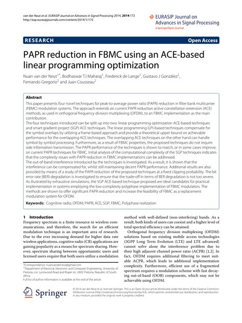 Pdf Papr Reduction In Fbmc Using An Ace Based Linear Programming
