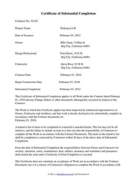 Certificate Of Substantial Completion Template