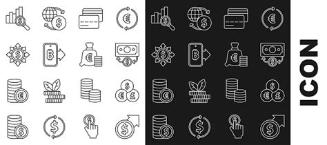 세트 라인 금융 성장과 달러 환전 스택 종이 돈 현금 신용 카드 모바일에서 채굴 비트 코인 달러 공유 네트워크 파이 차트와 유로 기호 아이콘 동전 벡터 0명에 대한 스톡