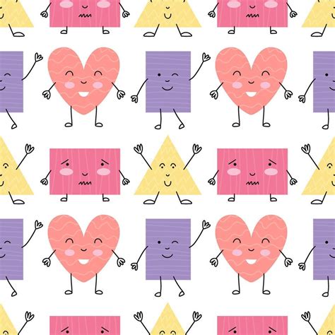 Cute Shapes Characters Flat Style Seamless Pattern Heart Triangle And