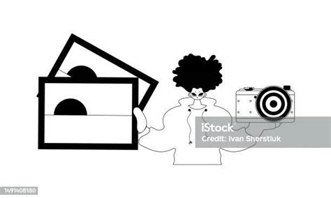 개인은 사진과 카메라를 들고 있습니다 관광 포인트 희미하고 하얀 선의 장인 정신 트렌디한 스타일 벡터 일러스트레이션 가정용 캠코더에 대한 스톡 벡터 아트 및 기타 이미지