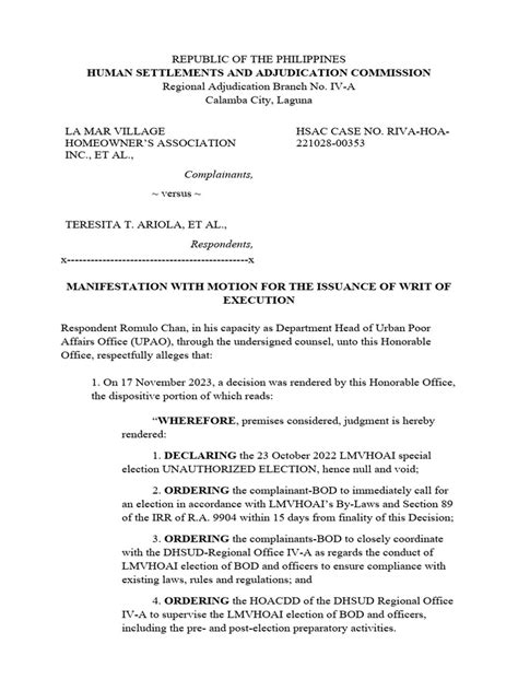 hsac motion for the issuance of writ of execution riva hoa 221028