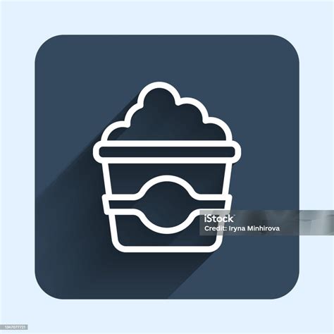 긴 그림자 배경으로 격리 골판지 상자 아이콘흰색 라인 팝콘 팝콘 버킷 박스 파란색 정사각형 버튼 벡터 가득 찬에 대한 스톡 벡터 아트 및 기타 이미지 Istock