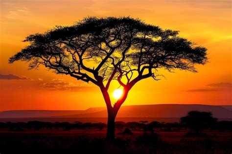 Premium Photo A Sunset With A Tree And The Sun Behind It