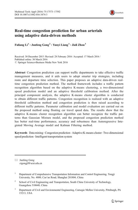 Pdf Real Time Congestion Prediction For Urban Arterials Using