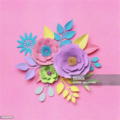 3d 렌더링 종이 예술 장식 꽃 꽃 Backround 식물 패턴 파스텔 캔디 색상 부케 라운드 역동적인 팔레트 꽃 식물에 대한