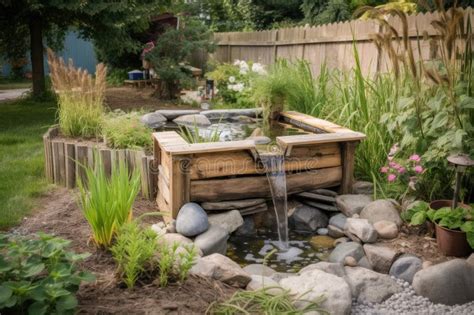 Composting System With Water Feature And Waterfall Adding Natural Beauty To Garden Stock Composting System With Water Feature And Waterfall Adding Natural Beauty To Garden Stock