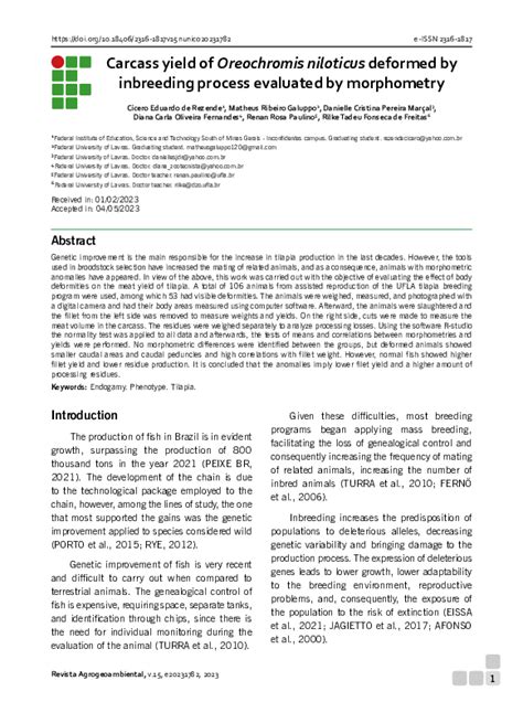 Pdf Carcass Yield Of Oreochromis Niloticus Deformed By Inbreeding
