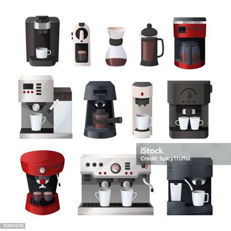 커피 메이커 만화 에스프레소 머신과 여과 안경 아침 음료 준비 과정 집이나 카페에서 카페인 음료를 양조하기위한 주방 기기 벡터