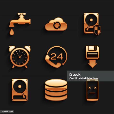 전화 24 시간 지원 데이터베이스 죽은 모바일 플로피 디스크 백업 하드 드라이브 Hdd 및 알람 시계 아이콘을 설정합니다 벡터 24에 대한 스톡 벡터 아트 및 기타 이미지