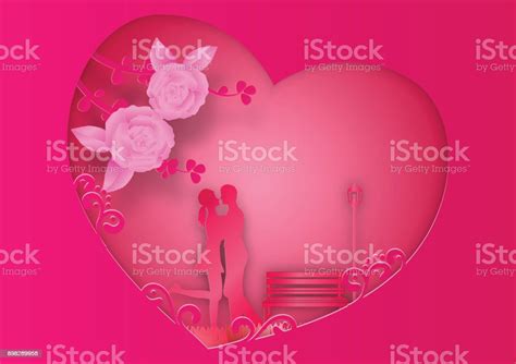 장미 꽃과 남자와 프레임 하트 모양에서 분홍색 배경과 사랑에 여자에 포도 나무의 종이 예술 스타일 벡터 일러스트 레이 션 2명에 대한 스톡 벡터 아트 및 기타 이미지