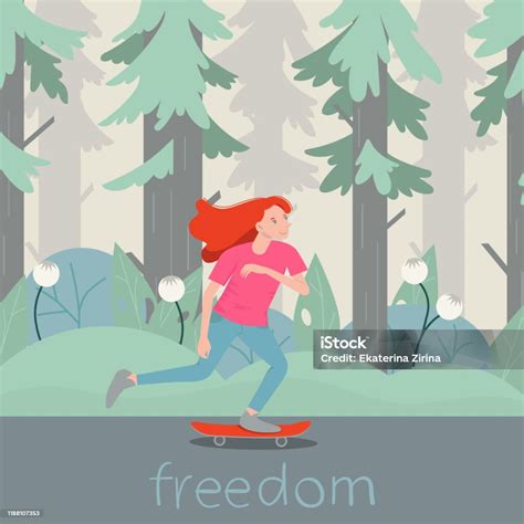 롱 보드에 소녀 스케이터 캐릭터 벡터 플랫 만화 일러스트 필기 자유 가공의 인물에 대한 스톡 벡터 아트 및 기타 이미지
