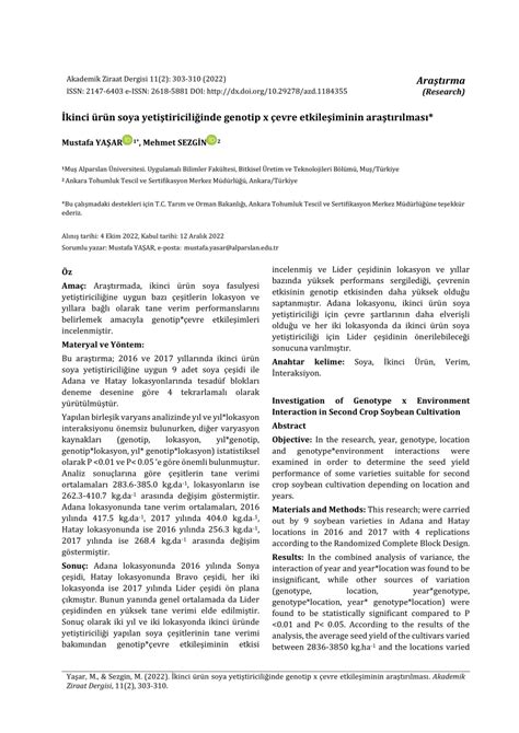 Pdf Investigation Of Genotype X Environmentinteraction In Second Crop Soybean Cultivation