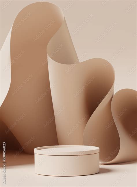 D Display Podium Beige Background With Pedestal And Flying Nude Color Silk Cloth Curtain