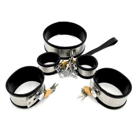 Stainless Steeel Handcuffs Ankle Cuffs Slave Neck Collar Metal Chain