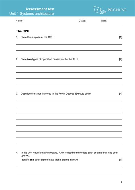 Unit Assessment Test System Architecture Name Class Mark The CPU State The Purpose Of