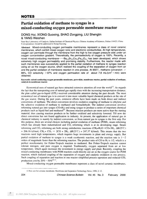 Pdf Partial Oxidation Of Methane To Syngas In A Mixed Conducting Oxygen Permeable Membrane Reactor