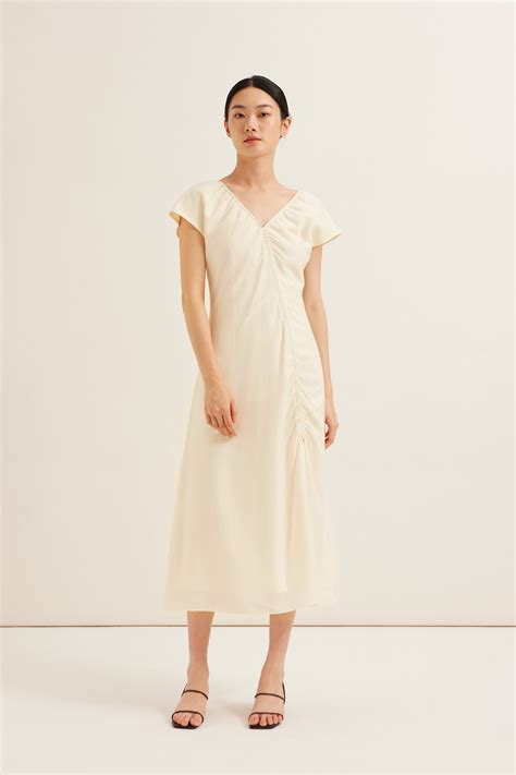 V Neck Ruched Midi Dress Our Second Nature