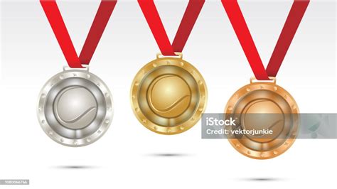 테니스 챔피언 골드 실버 및 브론즈 메달 빨간 리본 벡터 일러스트 레이 션으로 설정 Championship에 대한 스톡 벡터 아트 및 기타 이미지 Championship