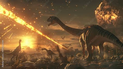 AI Generated Majestic Dinosaurs In A Prehistoric Landscape Global Earth Disaster The Concept