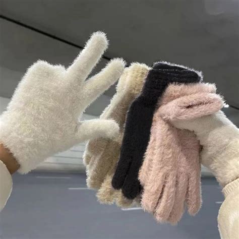 무료배송 Dn9ne 여성 파스텔 밍크 방한 손가락 장갑 겨울 보온 글러브 여자 패션 장갑 겨울 털