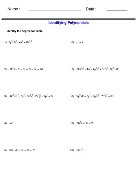 Pre Algebra Monomials And Polynomials Worksheets Identifying The