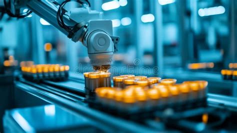 Robotic Arm Inspecting Product On Factory Conveyor Belt Stock