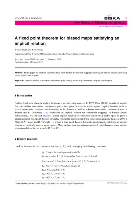 PDF A Fixed Point Theorem For Biased Maps Satisfying An Implicit Relation