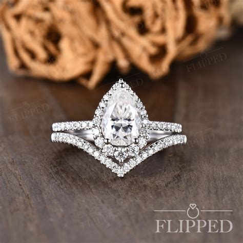 16ct Moissanite Pear Shaped Engagement Ring Set Pear Halo Ring Wedding