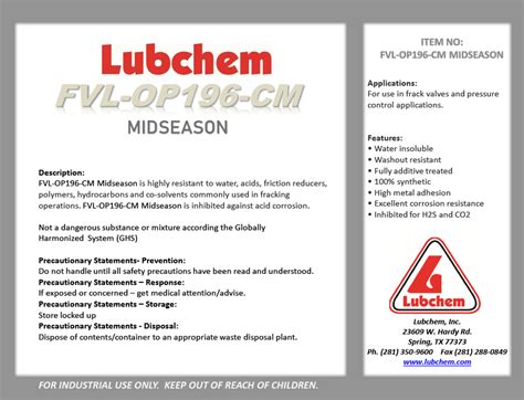 Fvl Op196 Cm Midseason Frac Valve Lubricants Lubchem Inc