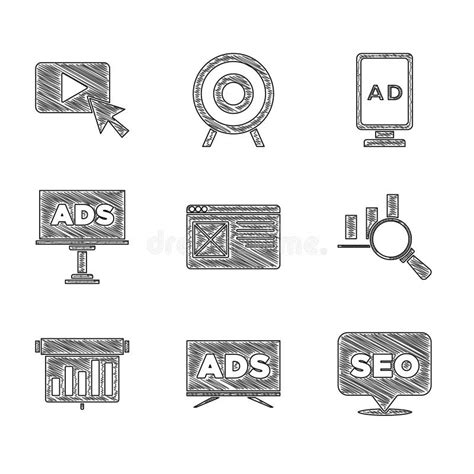 Set Browser Window Advertising Seo Optimization Magnifying Glass And Analysis Board With