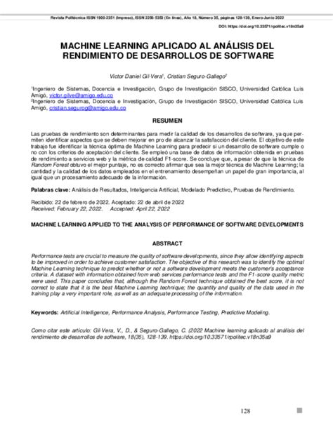 Pdf Machine Learning Aplicado Al AnÁlisis Del Rendimiento De