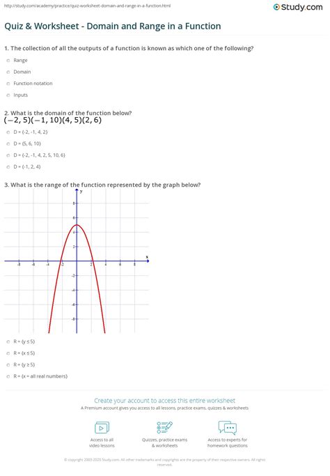 quiz and worksheet domain and range in a function