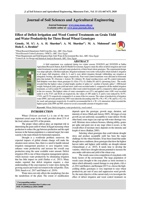 Pdf Effect Of Deficit Irrigation And Weed Control Treatments On Grain Yield And Water