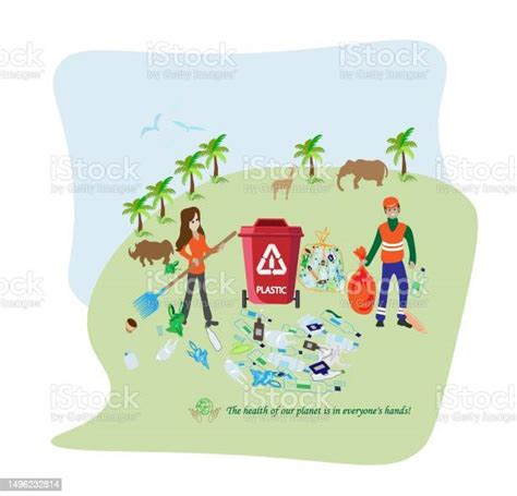 환경 친화적 인 사람들 쓰레기 수집기 쓰레기를 가진 남자 사람들은 쓰레기를 종류별로 분류하여 재활용을 위해 용기에 넣습니다 생태 개념입니다 가공의 인물에 대한 스톡 벡터