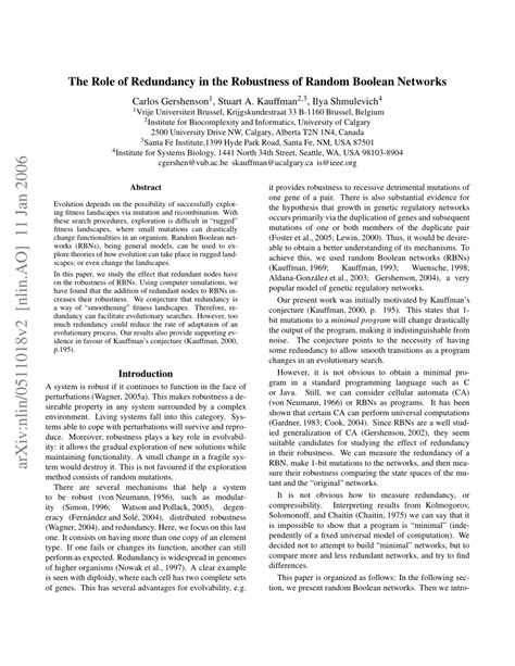 Pdf The Role Of Redundancy In The Robustness Of Random Boolean Networks