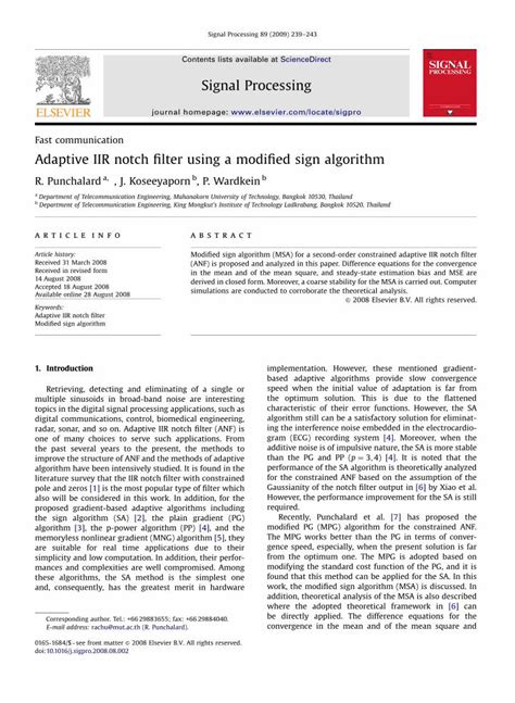 Pdf Adaptive Iir Notch Filter Using A Modified Sign Algorithm