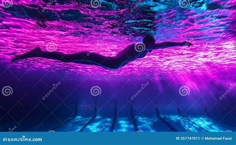 Underwater Swimmer Glides Neon Pool Night Fantasy Stock Image
