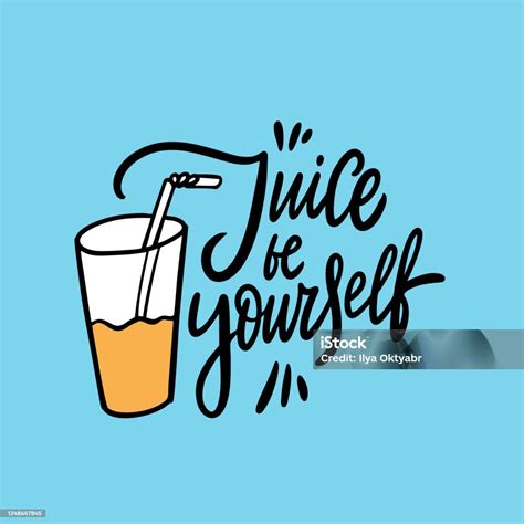 주스 자신에게 문자 문구 여름 음료 현대 타이포그래피 벡터 그림입니다 파란색 배경에 격리됩니다 과일에 대한 스톡 벡터 아트 및 기타 이미지 Istock
