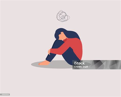 우울한 여성 캐릭터는 바닥에 앉아 무릎을 껴안고 낙서 위에 있습니다 정신 건강 개념 우울증 양극성 장애 치매 강박 외상 후 스트레스 장애 사람들에 대한 스톡 벡터 아트 및
