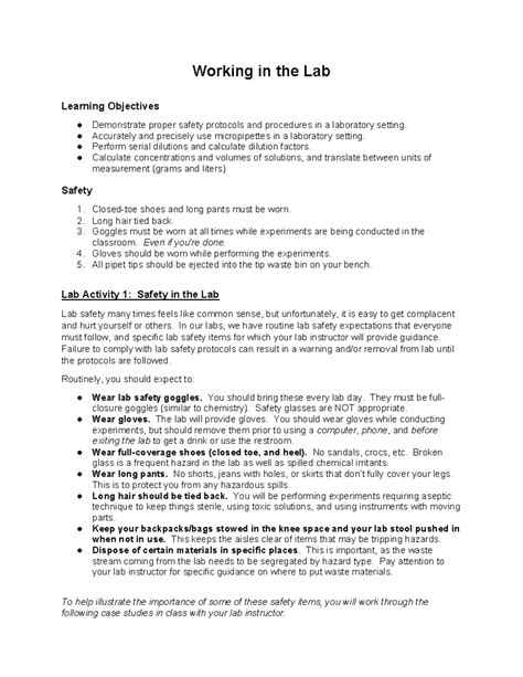 Lab 1 Lab 1 Answers Working In The Lab Learning Objectives Demonstrate Proper Safety